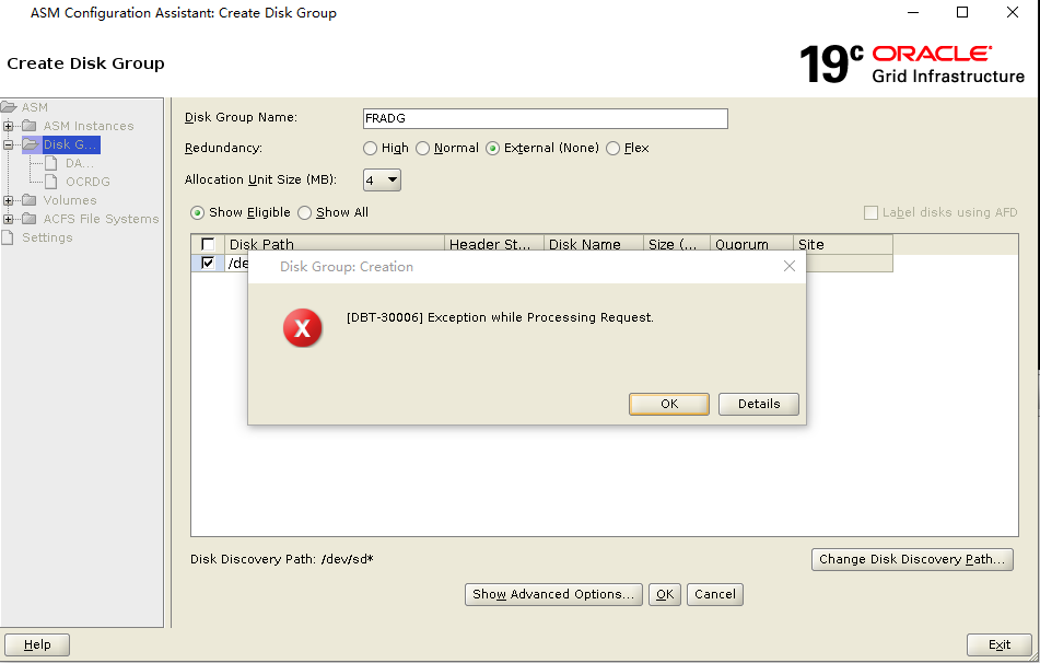 asmca创建磁盘组报错[DBT-30006] Exception while Processing Request. - 墨天轮